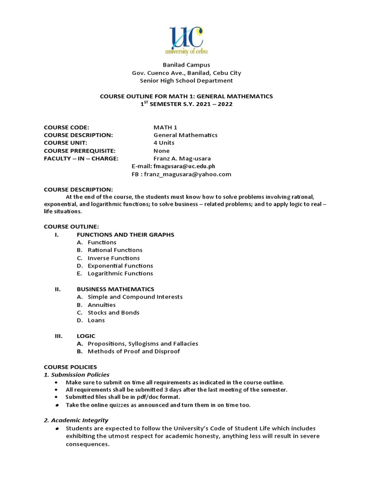 Gen. Math - Course Outline | PDF | Test (Assessment) | Mathematics
