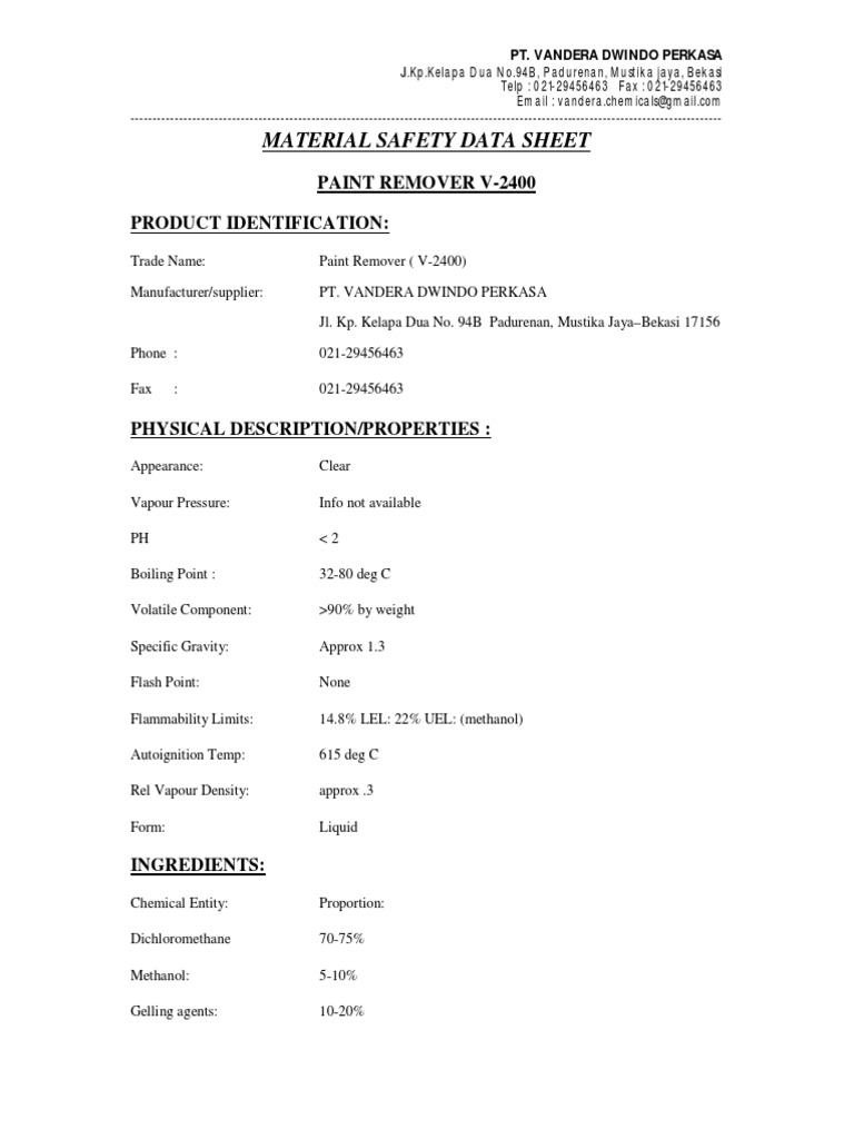 MSDS Paint Remover V-2400 | PDF | Paint | Toxicity