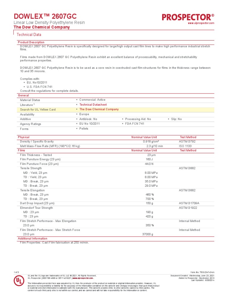 DOWLEX™ 2607GC: The Dow Chemical Company | PDF | Polyethylene | Materials