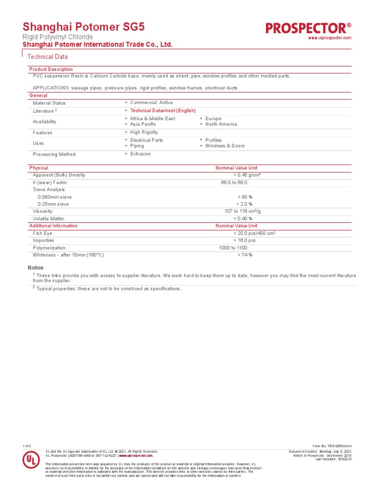 Shanghai Potomer SG5 | PDF | Polyvinyl Chloride | Materials