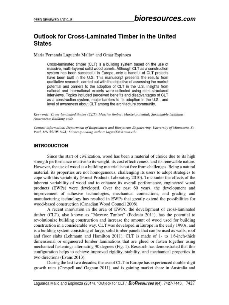 Bioresources.: Outlook For Cross-Laminated Timber in The United States ...