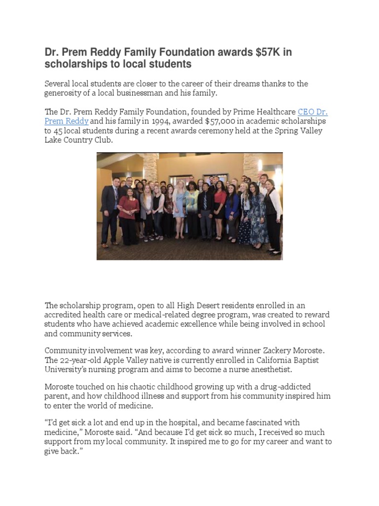 Dr. Prem Reddy Family Foundation Awards $57K in Scholarships To Local ...