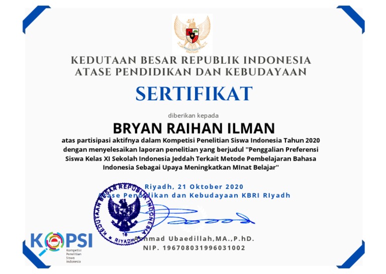 Sertifikat Dari KBRI Atas Partisipasi Dalam KOPSI | PDF | Perjalanan