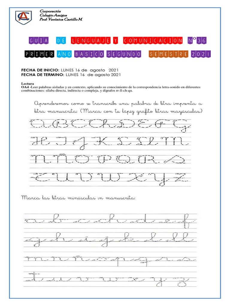 Guía de Escritura Manuscrita 1° Básico | PDF