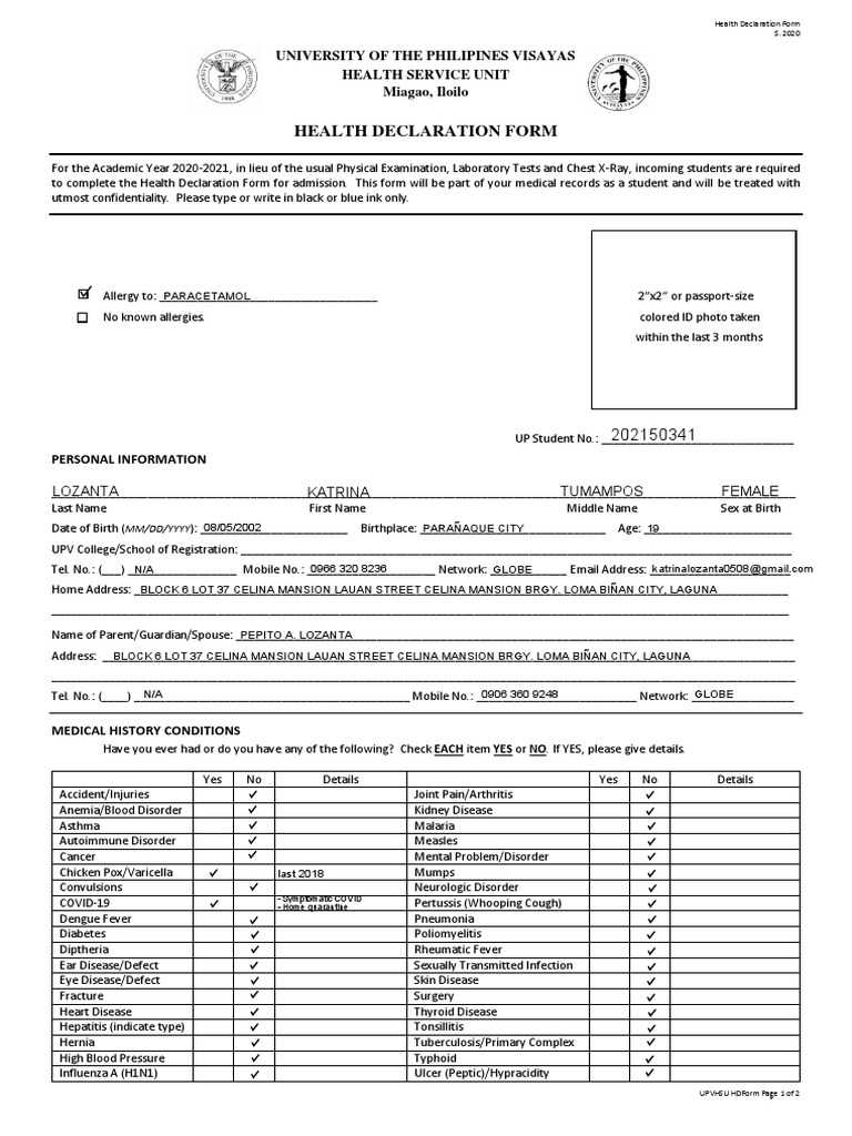 Miagao Health Declaration Form 2020 | PDF | Pneumonia | Epidemiology