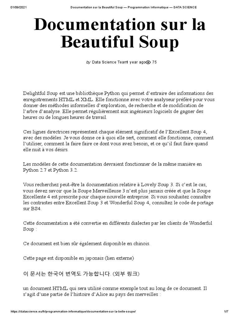Documentation Sur La Beautiful Soup - Programmation Informatique - DATA SCIENCE | PDF | Python ...