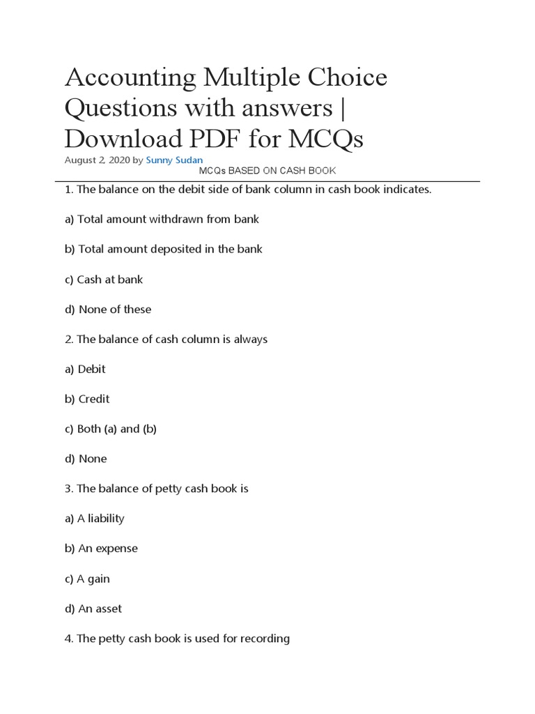 Accounting Multiple Choice Questions With Answers - Download PDF For Mcqs | PDF | Bookkeeping ...