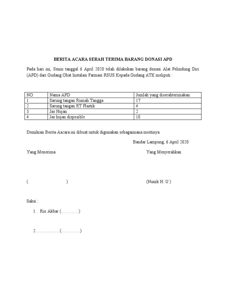 Berita Acara Serah Terima Barang Donasi Apd | PDF