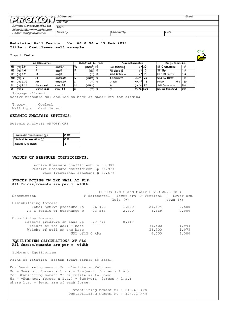 Retaining Wall Design: Ver W4.0.04 - 12 Feb 2021 Title: Cantilever Wall Example Input Data | PDF ...