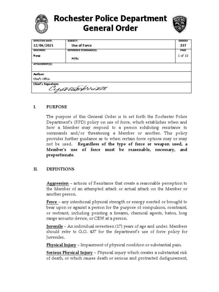 Rochester Police Use of Force Policy | PDF | Deadly Force | Use Of Force