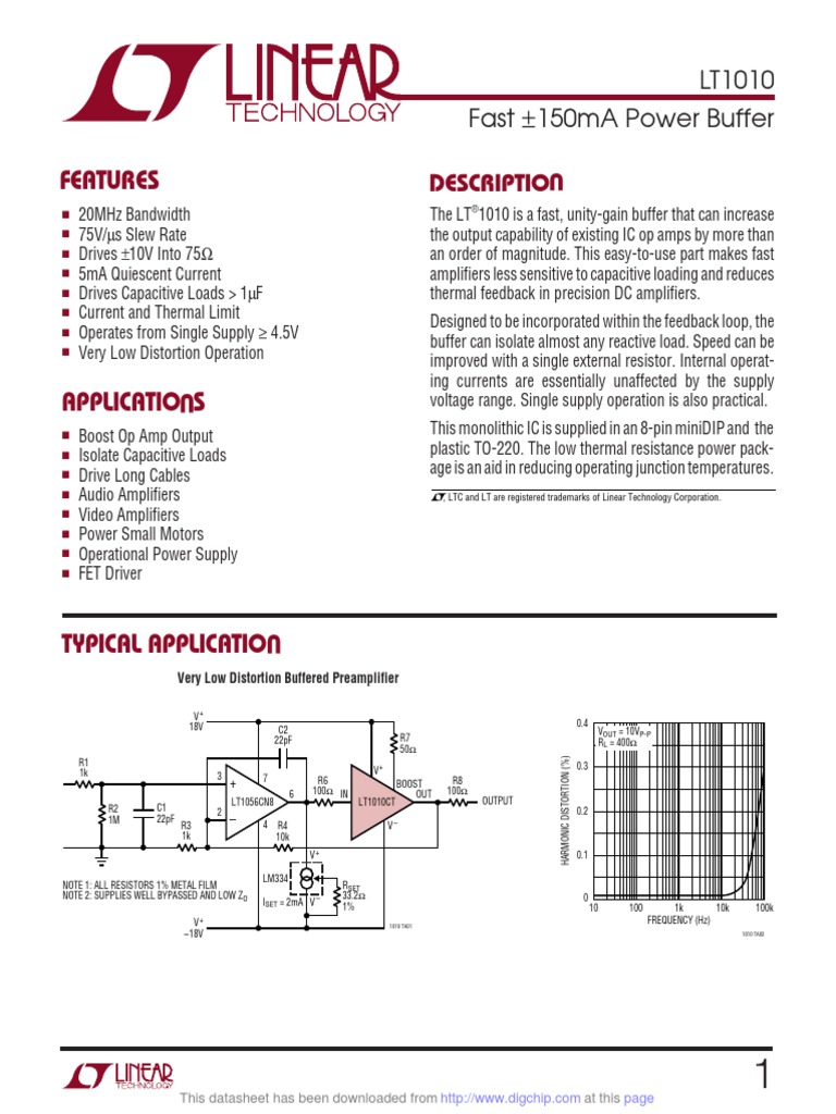 Features: LT1010 Fast 150ma Power Buffer | PDF | Amplifier | Operational Amplifier