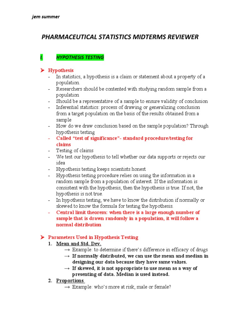 Pharmacy Statistics Midterms - Hypothesis Testing | PDF | P Value ...
