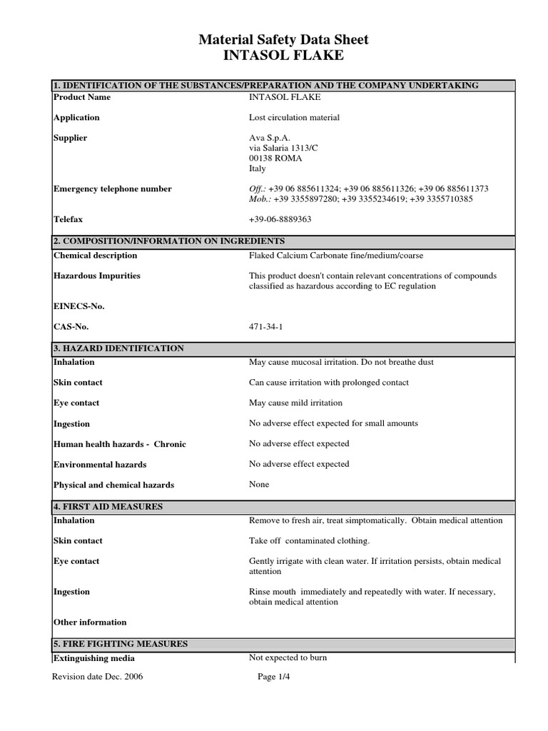 Material Safety Data Sheet Intasol Flake | PDF | Workplace | Chemistry