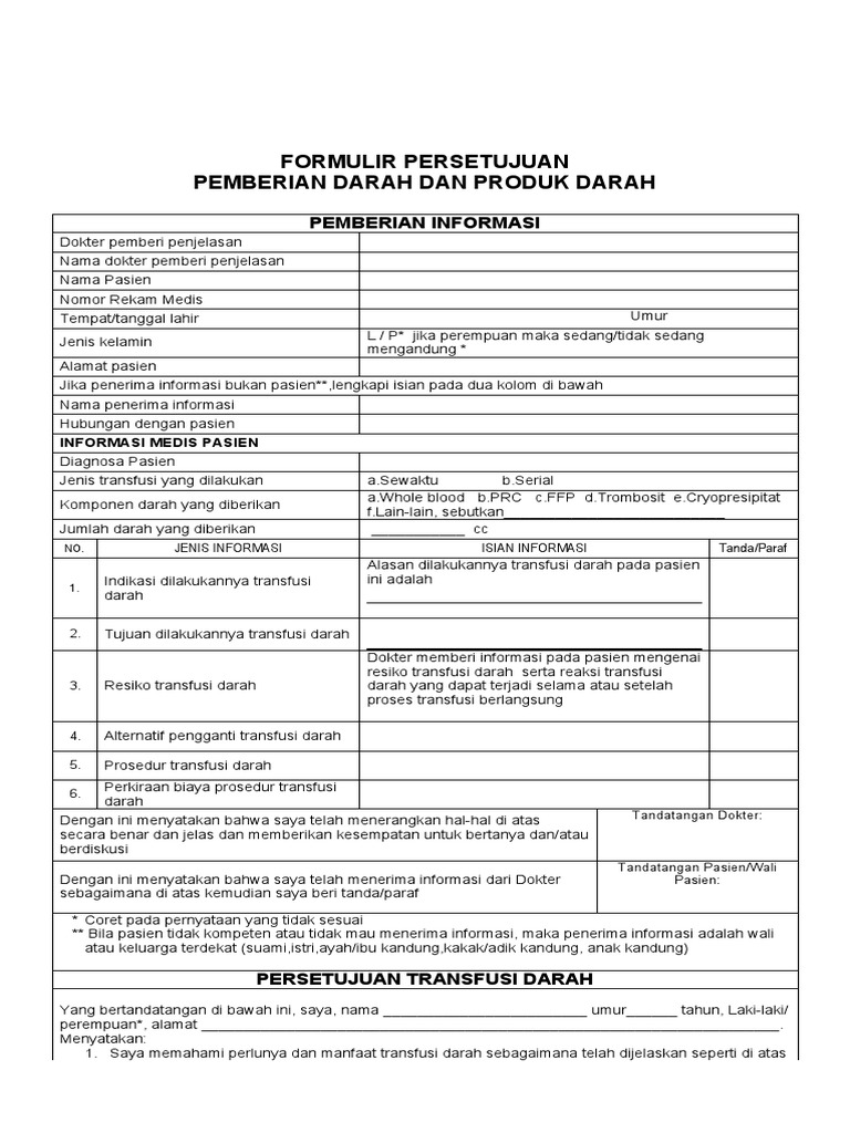 Formulir Informend Consent Pemberian Darah Dan Produk Darah | PDF
