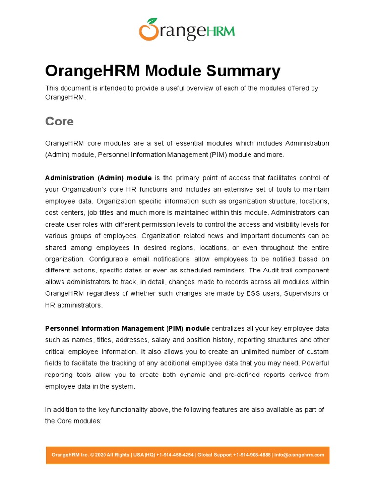 Data Sheet OrangeHRM Module Summary For OrderForm | PDF | Educational ...