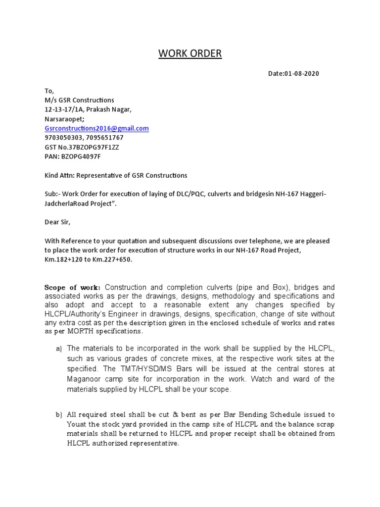 Work Order For Constructions | PDF | Concrete