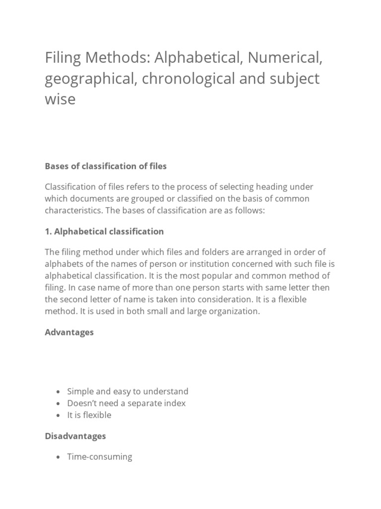 Filing Methods: Alphabetical, Numerical, Geographical, Chronological and Subject Wise | PDF ...