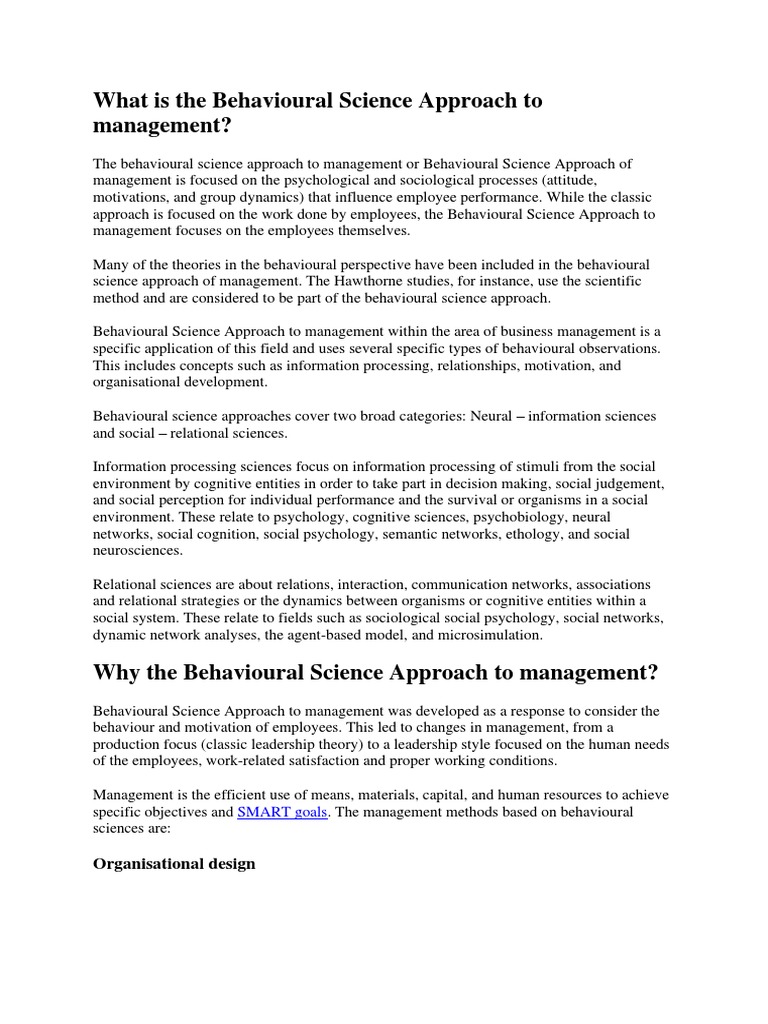 What Is The Behavioural Science Approach To Management | PDF ...