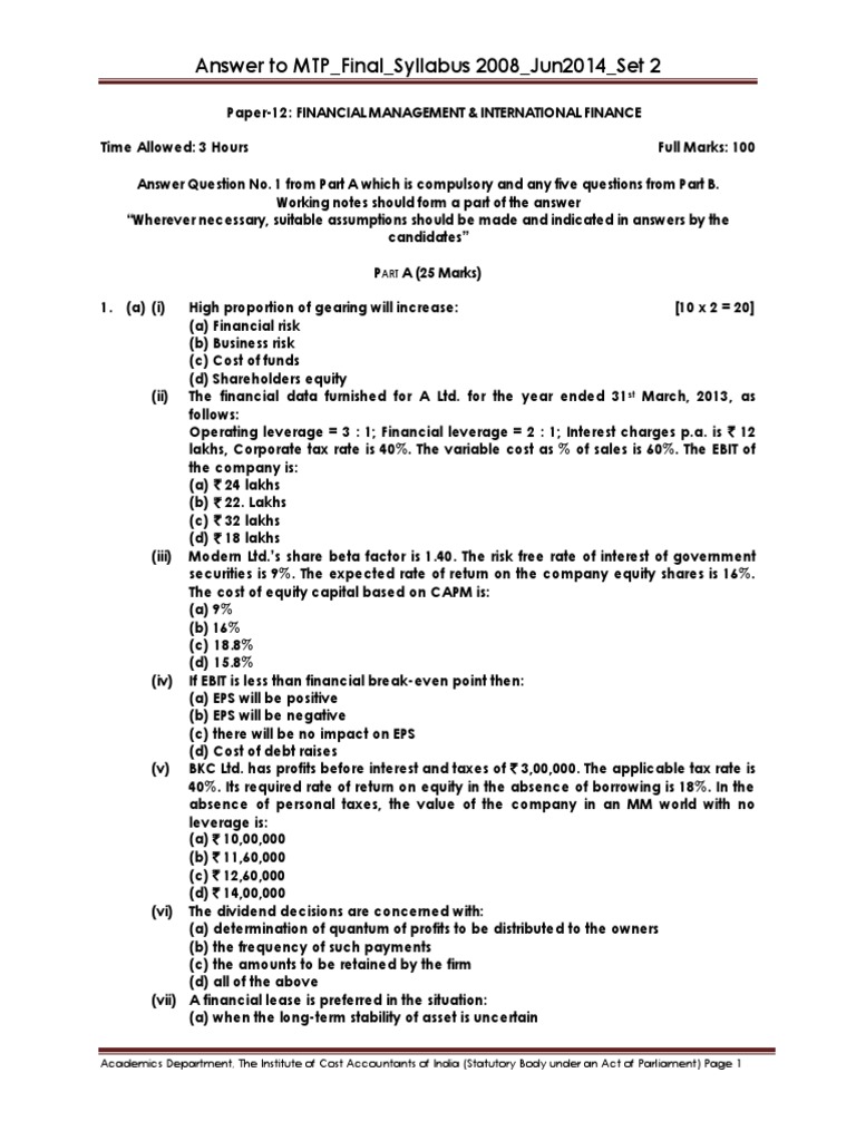 Answer To MTP - Final - Syllabus 2008 - Jun2014 - Set 2 | Download Free PDF | Cost Of Capital ...
