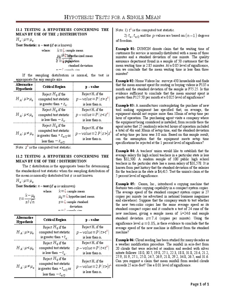 11.hypothesis Test For A Single Mean | PDF | Statistical Significance ...