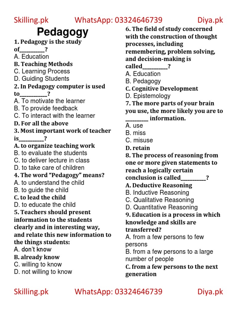 Pedagogy MCQs | PDF | Pedagogy | Teachers