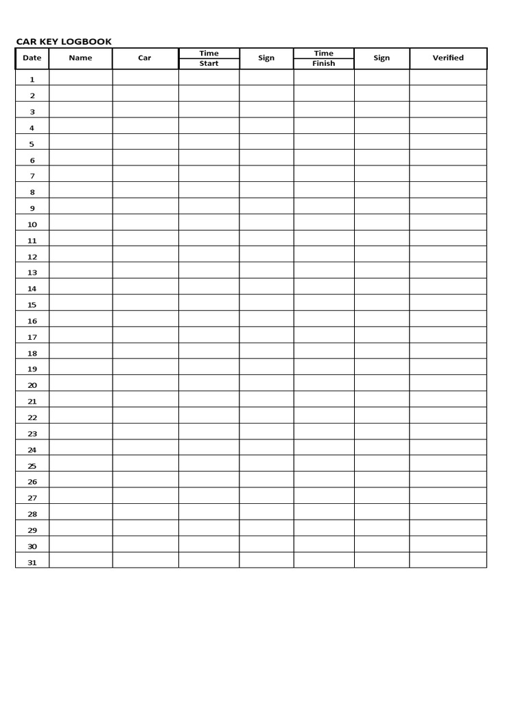 Car Key Logbook Template | PDF
