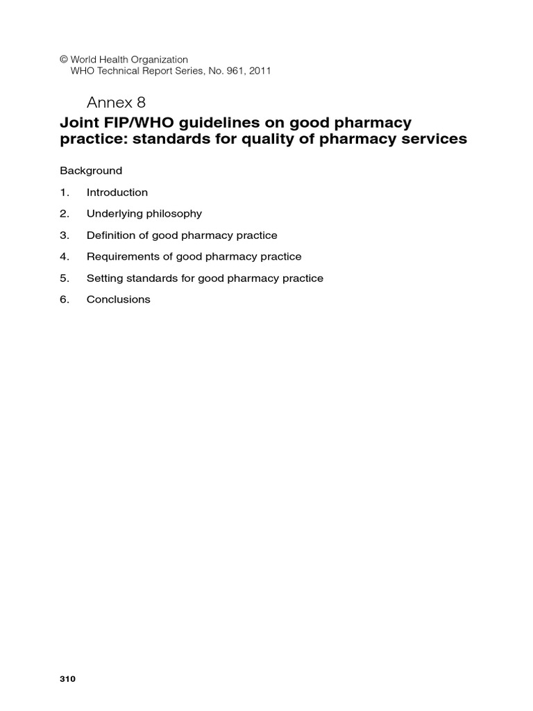 Annex 8: Joint FIP/WHO Guidelines On Good Pharmacy Practice: Standards ...