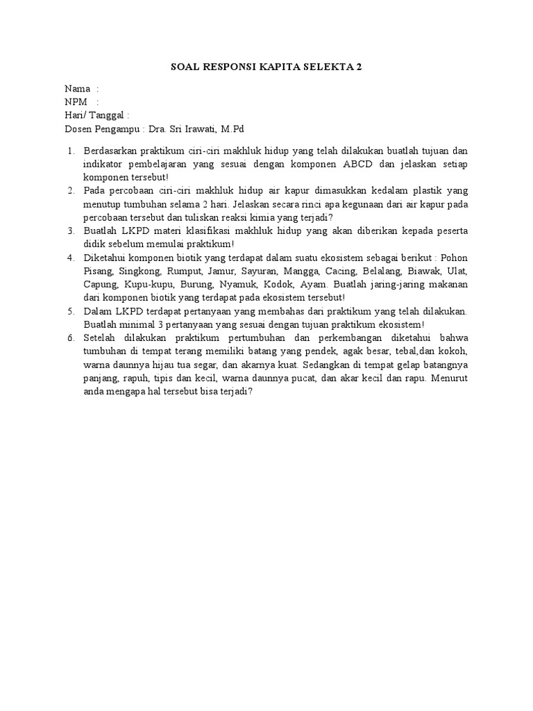 Soal Responsi Kapita Selekta 1 | PDF