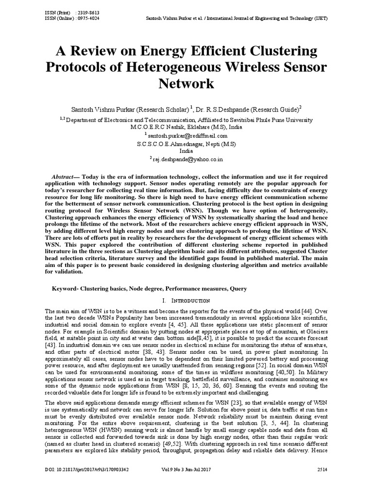 A Review On Energy Efficient Clustering Protocols Of Heterogeneous Wireless Sensor Network Pdf
