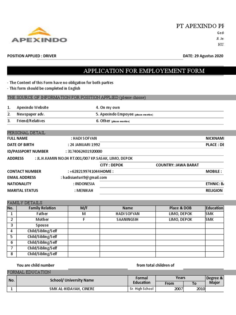 Driver Job Application Form | PDF