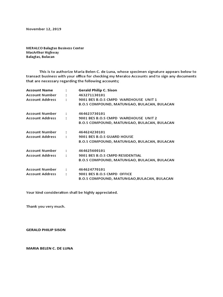 AUTHORIZATION LETTER FOR Meralco | PDF