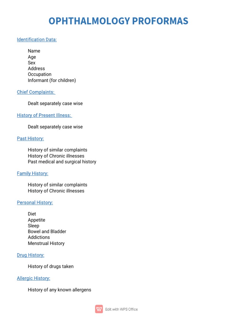 Ophthalmology Proforma | PDF | Human Eye | Ophthalmology
