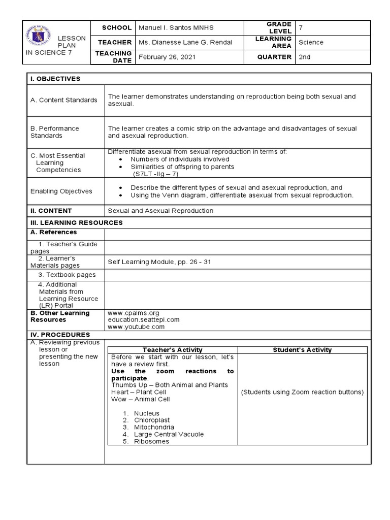 Detailed Lesson Plan in Reproduction. | PDF | Sexual Reproduction ...