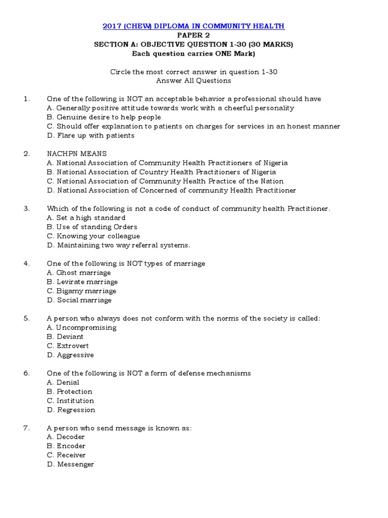 Chew National Exam Past Questions | PDF | Health Care | Community
