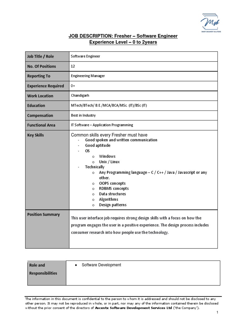 Job Description: Fresher - Software Engineer Experience Level - 0 To ...