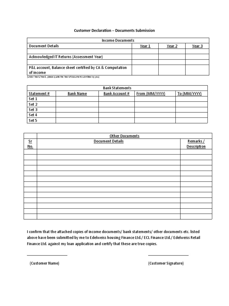 Customer Declaration - Documents Submission: (Under Year1/Year2, Please ...