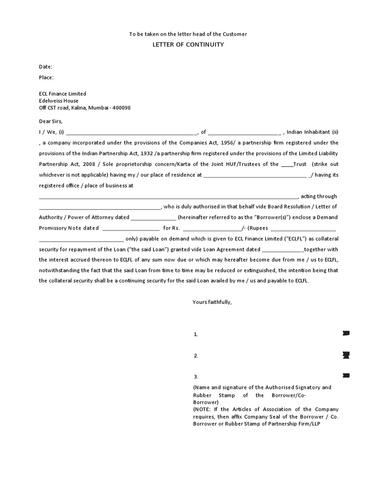 Letter of Continuity | PDF | Loans | Debt