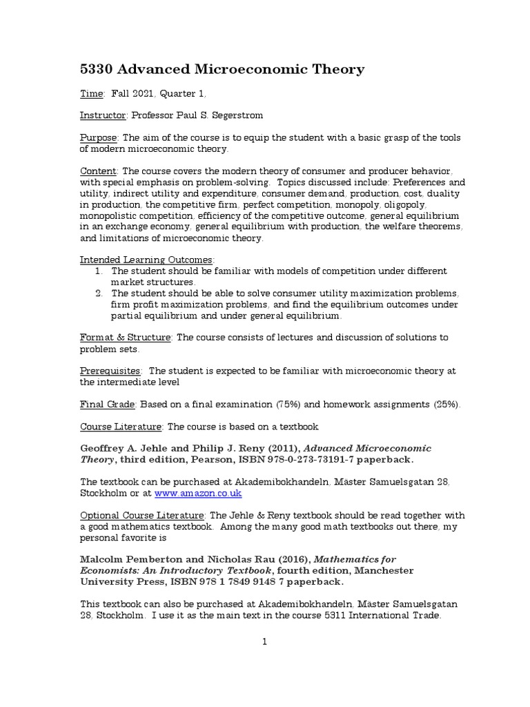 5330 Advanced Microeconomic Theory: Geoffrey A. Jehle and Philip J ...