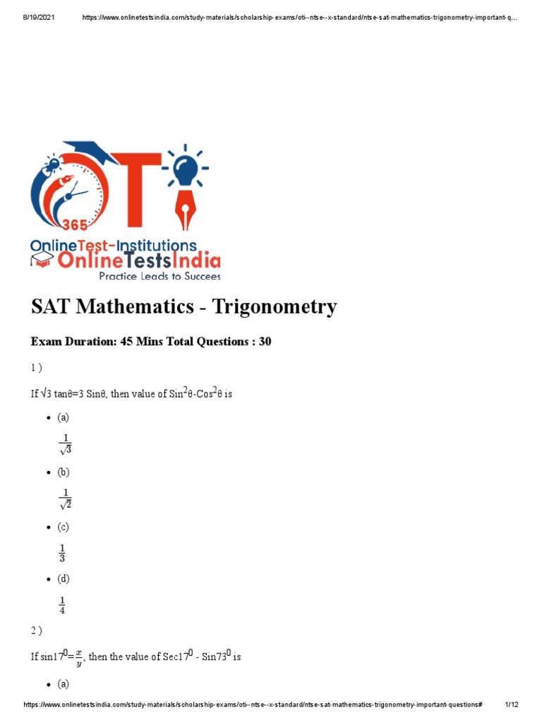 Ntse Sat Mathematics Trigonometry Important Questions | PDF | Sine ...