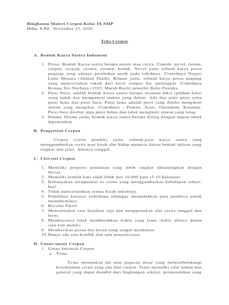 Ringkasan Materi Cerpen Kelas IX SMP | PDF | Fiksi Umum