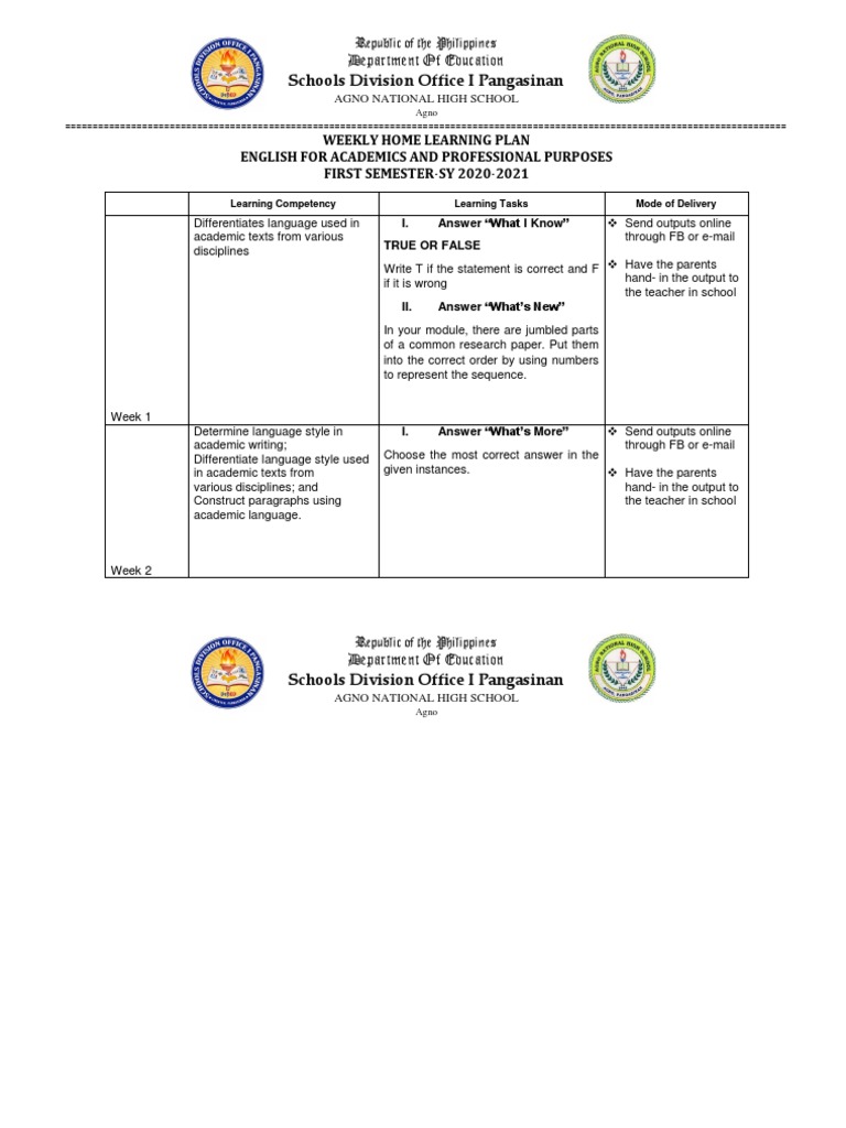 WEEKLY HOME LEARNING EAPP (WEEK 1 and 2) | PDF | Cognition | Communication