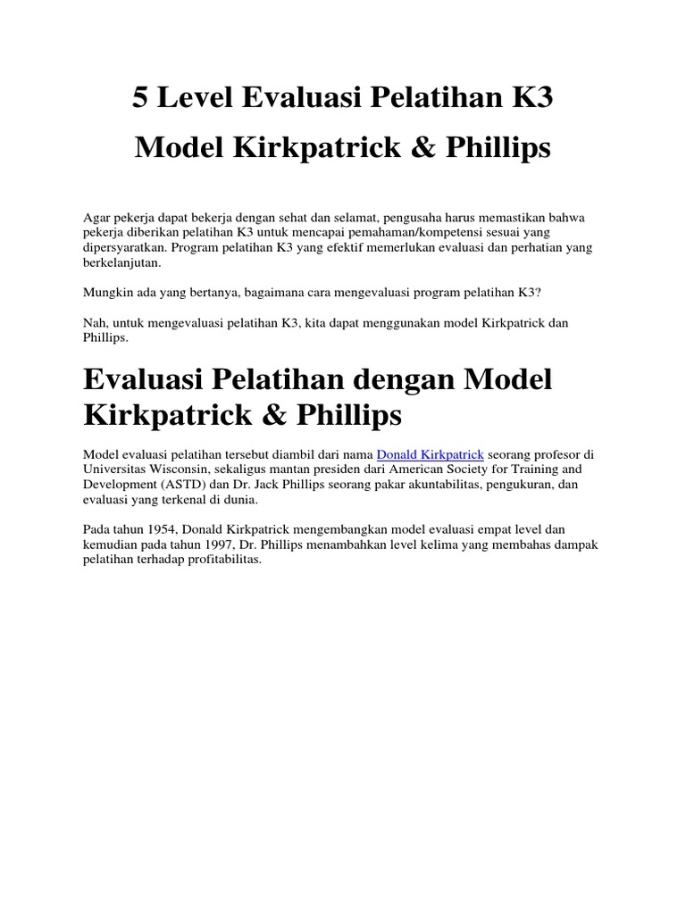 5 Level Evaluasi Pelatihan K3 Model Kirkpatrick & Phillips | PDF