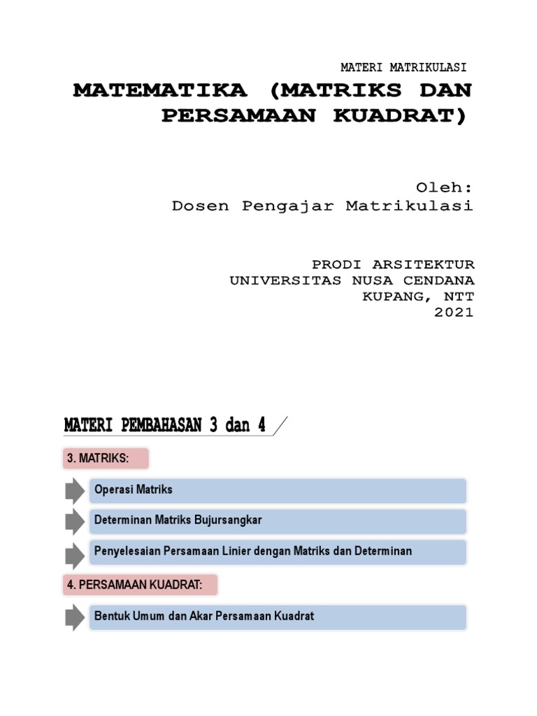 Operasi dan Penyelesaian Matriks serta Persamaan Kuadrat | PDF