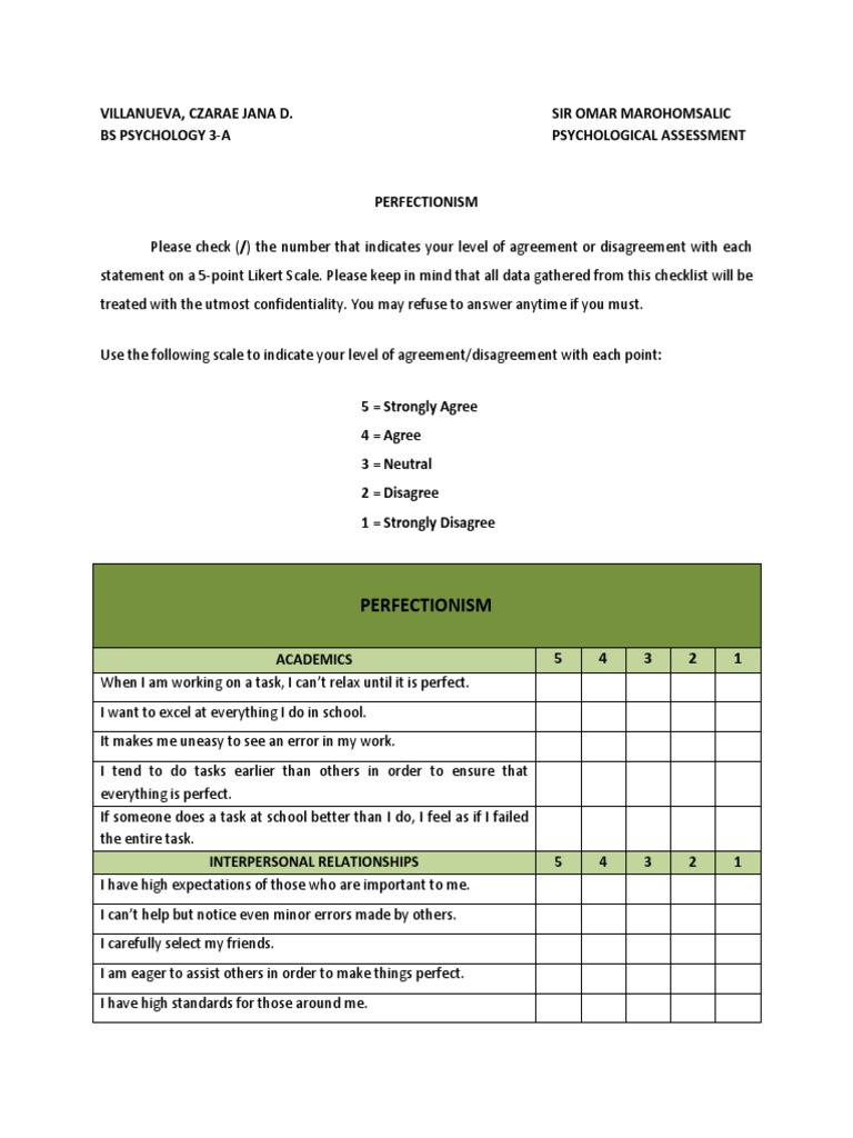Perfectionism Checklist | PDF | Perfectionism (Psychology) | Psychology