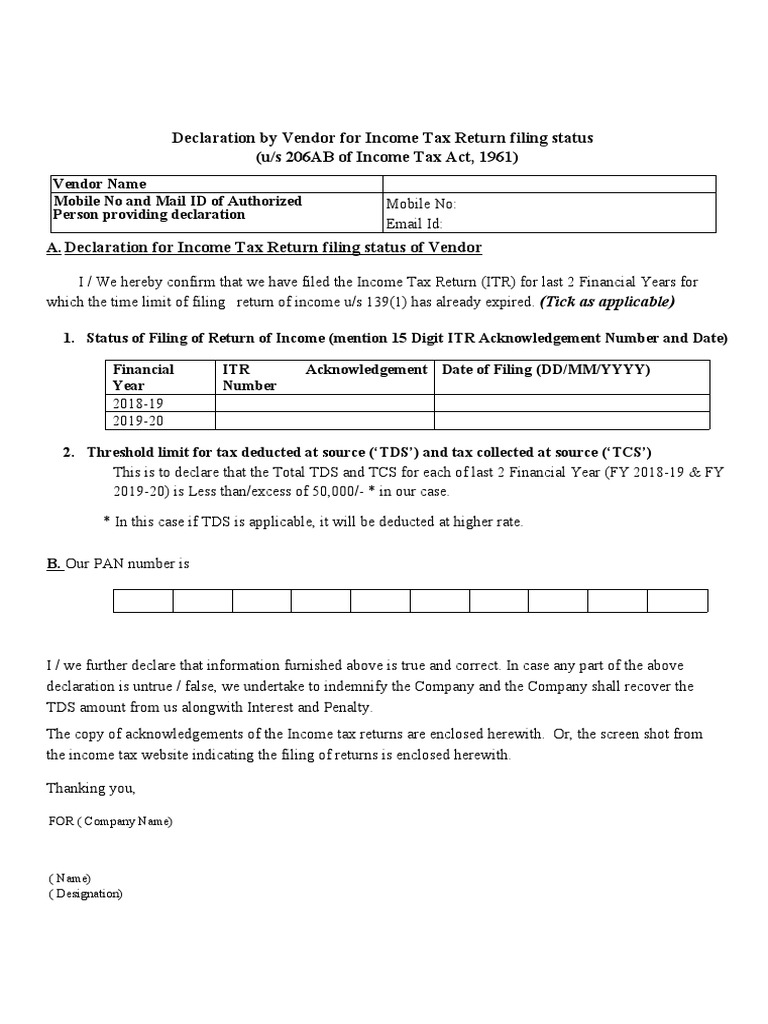 Declaration by Vendor For Income Tax Return Filing Status (U/s 206AB of Income Tax Act, 1961 ...