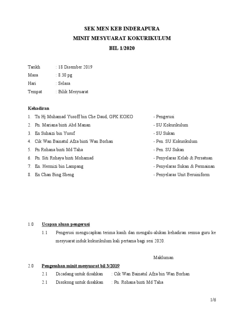 Minit-Mesyuarat-Kokurikulum-Kali-Pertama 2020 | PDF