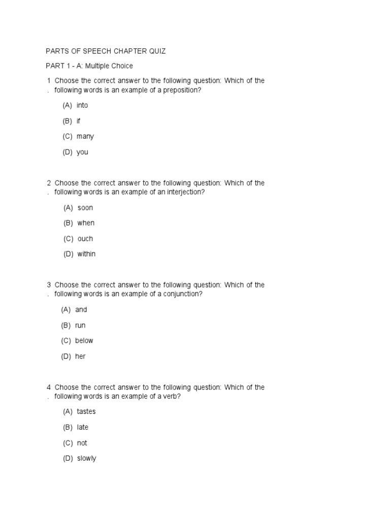 Parts of Speech Chapter Quiz | PDF | Part Of Speech | Adverb