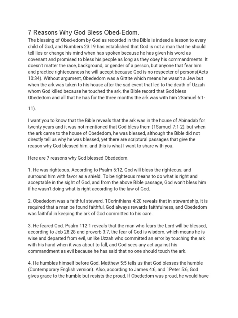7 Reasons Why God Blessed Obed-Edom | PDF | Ark Of The Covenant ...