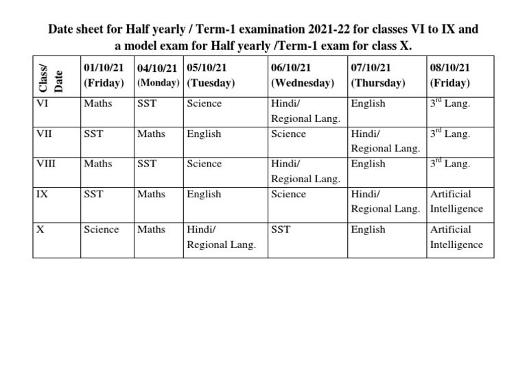 Date Sheet For Half Yearly Exam 2021-22 | PDF
