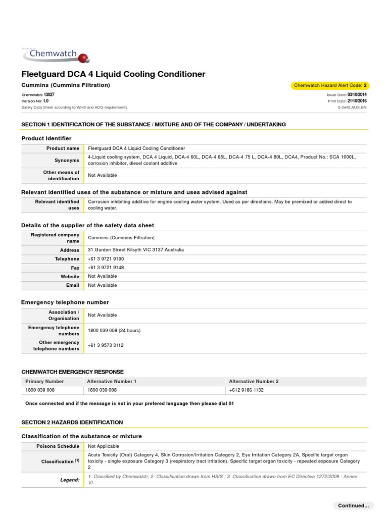 GHS Fleetguard DCA 4 Liquid Cooling Conditioner | PDF | Toxicity | First Aid